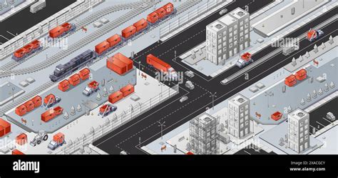 Isometric Transport System In City Vector Illustration Of Train On Railroad Truck Car Bus