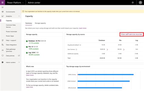 셀프 서비스 저장소 용량 보기 Power Platform Microsoft Learn