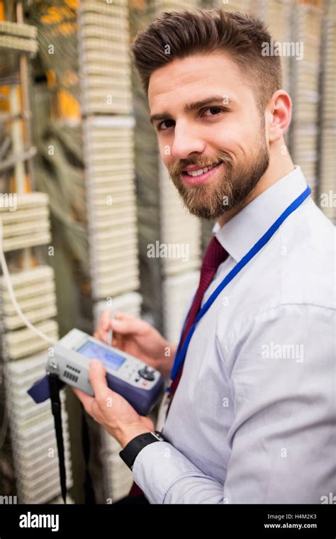 Technician Using Digital Cable Analyzer Stock Photo Alamy