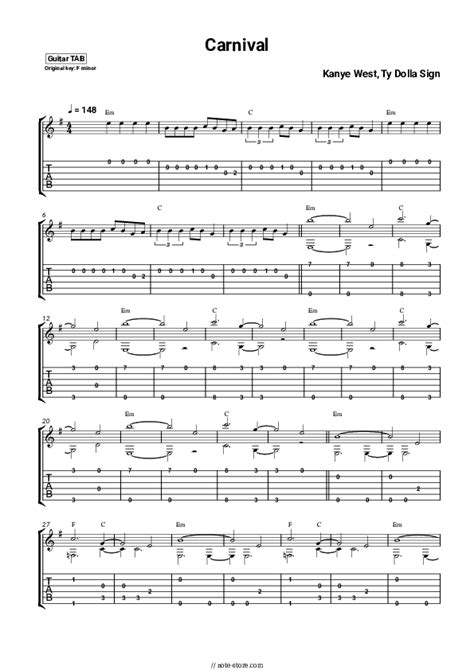 Carnival Tabs Guitar Kanye West Ty Dolla Sign In Note
