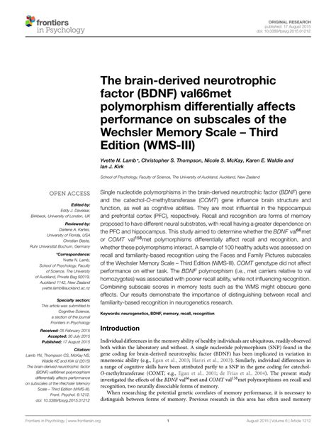 Pdf The Brain Derived Neurotrophic Factor Bdnf Val66met