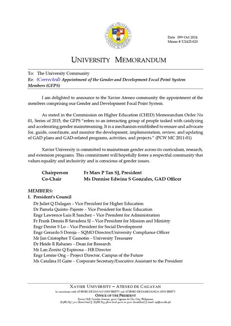 Xavier University Memo U2425 023 Appointment Of The Gender And Development Focal Point
