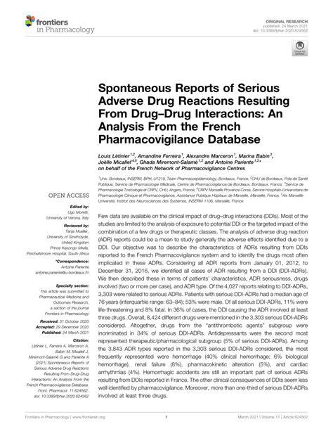 Pdf Spontaneous Reports Of Serious Adverse Drug Reactions Resulting From Drug Drug