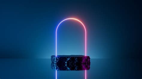 3d 렌더링 돌 플랫폼 네온 아치 빛나는 선 및 거울 반사가 있는 추상 미니멀리스트 파란색 배경 제품 프레젠테이션을 위한 연단이 있는 쇼케이스 장면 미래 지향적 인 미적