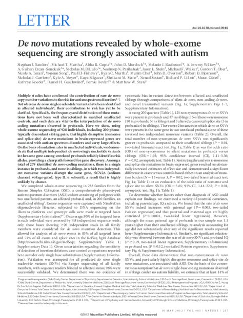 Pdf De Novo Mutations Revealed By Whole Exome Sequencing Are Strongly Associated With Autism