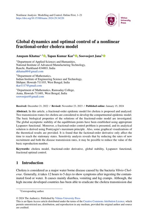 Pdf Global Dynamics And Optimal Control Of A Nonlinear Fractional Order Cholera Model