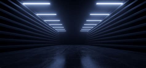 Cyberpunk 다크 네온 레이저 사이버 공상 과학 소설 빛 빛나는 산업 복고풍 블루 팬톤 반사 콘크리트 금속 그런 지 지하 창고 무대 스튜디오 3d 렌더링 3차원 형태에