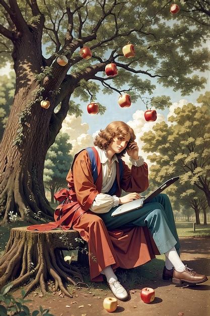 Premium Photo Isaac Newton Sitting Under A Tree And Using His Mobile Phone While Apple Is