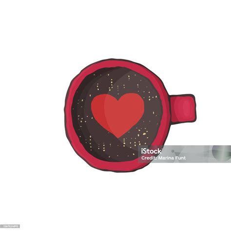 프리핸드 드로잉 스타일을 중심으로 하트가 있는 커피 머그컵 탑 뷰의 벡터 일러스트레이션 사랑으로 만든 뜨거운 음료의 빨간 찻잔