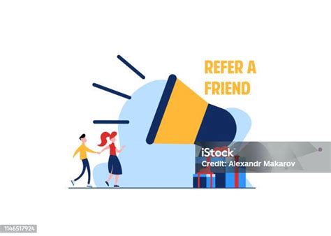 친구 벡터 일러스트 레이 션 개념을 참조 하십시오 젊은 남자와 여자의 그룹은 돈과 선물에 대 한 고객을 끈다 친구를 위한 추천