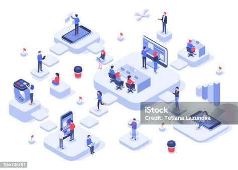 아이소메트릭 작업 팀입니다 클라우드 워크플레이스 플랫폼 최신 팀 워크플로 우러 프로세스 및 개발 회사 스타트업 3d 벡터 일러스트레이션 등측투영법에 대한 스톡 벡터 아트 및