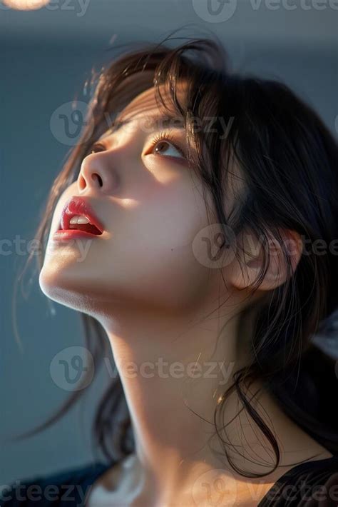 Asian Young Woman Mouth Open Looking Up Surprised Amazed Expression