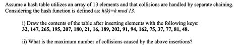 Solved Assume A Hash Table Utilizes An Array Of 13 Elements