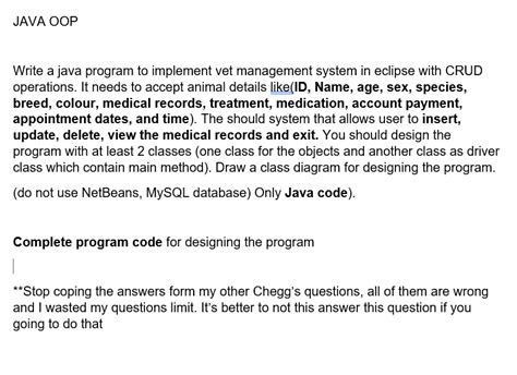 Java Oop Write A Java Program To Implement Vet Chegg Com