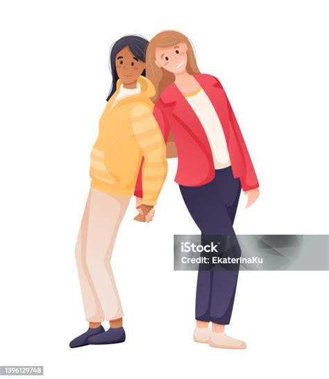 벡터 일러스트 레이 션 두 명의 여성 친구 또는 레즈비언 커플의 소녀가 서 있습니다 2명에 대한 스톡 벡터 아트 및 기타 이미지 2명 Lgbtqia 문화 가공의 인물