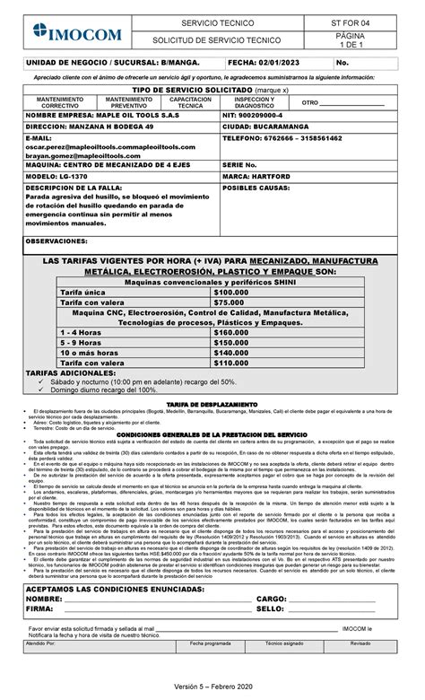Solicitud De Servicio Tecnico Mecanizado Manufactura Metalica Etc