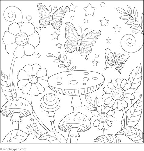 Magical Garden With Butterflies Free Coloring Page