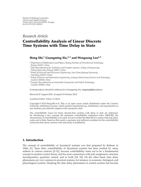 Pdf Controllability Analysis Of Linear Discrete Time Systems With