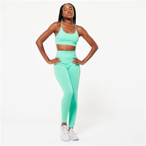 Womens Light Support Seamless Ribbed Sports Bra Mint Green Domyos Decathlon