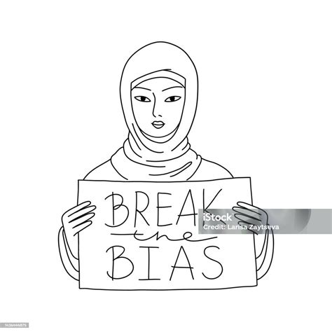 포스터를 들고 히잡에있는 여자 편견을 깨뜨립니다 무슬림 소녀는 평등과 정의를 상징합니다 흰색 배경에 고립 된 차별과 편견에 반대하는 여성의 벡터 일러스트레이션