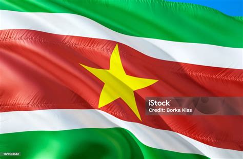 수리남의 국기입니다 3d는 깃발 디자인을 흔들며 수리남의 국가 상징 3d 렌더링 수리남 배경 벽지의 국가 상징입니다 남아메리카 국기 3d 리본 벽지 패턴 배경 N 0명에