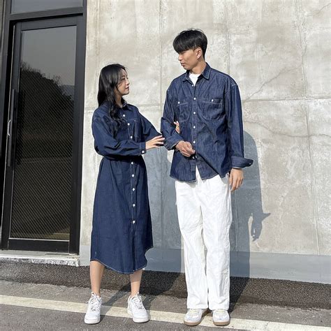 위위클로즈 데님 커플 시밀러룩📌진청 생지 난방 미디 롱 원피스 오버핏 루즈핏 셔츠 봄 가을 꽃놀이룩 데이트 제주도 꾸안꾸룩