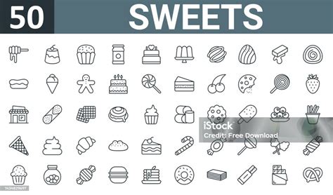 꿀 디퍼 푸딩 여단 꿀 항아리 생일 케이크 젤리 초코 공 벡터 얇은 아이콘 보고서 프리젠 테이션 다이어그램 웹 디자인 모바일과 같은 50 개의 개요 웹 과자 아이콘 세트