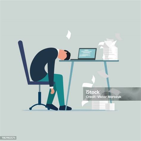 전문 소진 증후군 지친 아픈 피곤 한 남성 관리자 사무실에서 슬픈 지루한 노트북에 머리를 앉아 좌절 노동자 정신 건강 문제 벡터 긴 작업 일 그림 걱정하는에 대한 스톡 벡터