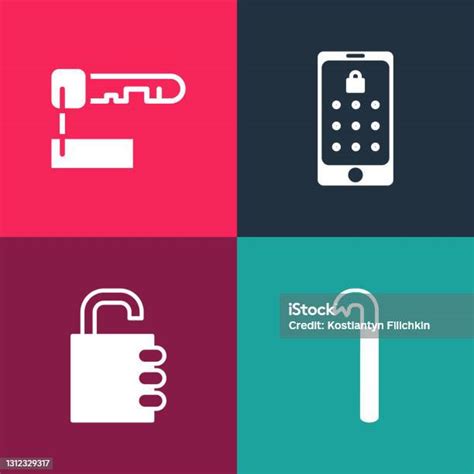 Set Pop Art Crowbar Safe Combination Lock Mobile And Graphic Password And Marked Key Icon Vector