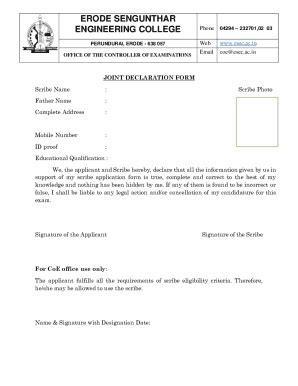 Fillable Online Erode Sengunthar Ac SCRIBE JOINT DECLARATION FORM Fax Email Print PdfFiller