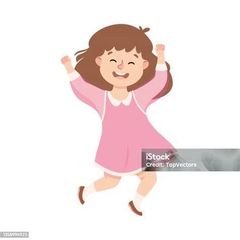 행복한 소녀 점프 와 기쁨 과 손 올라 응원 과 데 재미 벡터 일러스트 개념에 대한 스톡 벡터 아트 및 기타 이미지 개념 귀여운 긍정적인 감정 표현 Istock