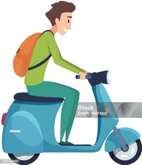 스쿠터에 젊은 남자 학생 타고 오토바이 배낭 드라이브 오토바이와 관광객 격리 된 학생 자전거 타는 벡터 일러스트레이션 이륜택배에 대한 스톡 벡터 아트 및 기타 이미지
