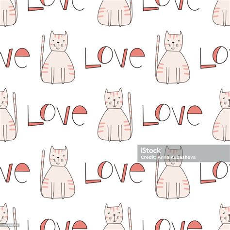 매끄러운 패턴 귀여운 재미있는 고양이 인쇄를 위한 끝없는 배경 낙서 스타일의 손으로 그린 유치한 플랫 벡터 일러스트레이션 0명에 대한 스톡 벡터 아트 및 기타 이미지