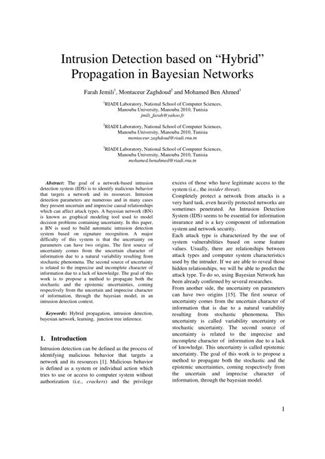Pdf Intrusion Detection Based On “hybrid” Propagation In Bayesian