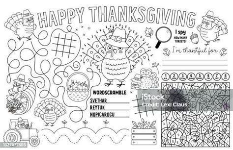 아이들을위한 벡터 추수 감사절 장소 매트 미로 틱 택 토 차트가있는 가을 휴일 인쇄 가능한 활동 매트는 점을 연결하고 차이를 찾습니다 흑백 가을 플레이 매트 또는 색칠