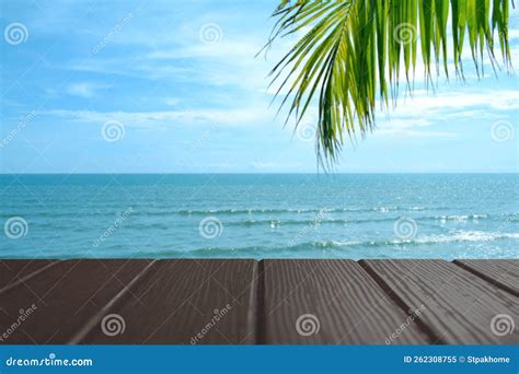 Beautiful Foreground Wooden Floor And Blue Sea And Sky Background Stock