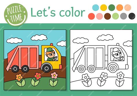 폐기물 트럭이 있는 어린이를 위한 생태 색칠 페이지 벡터 환경 인식 개요 제로 폐기물 그림 컬러 예가 있는 어린이를 위한 컬러 북 그리기 기술 인쇄 가능한 워크시트
