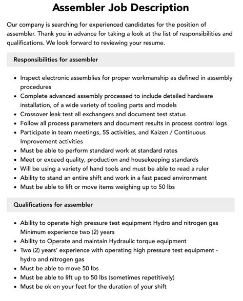 Assembler Job Description Velvet Jobs