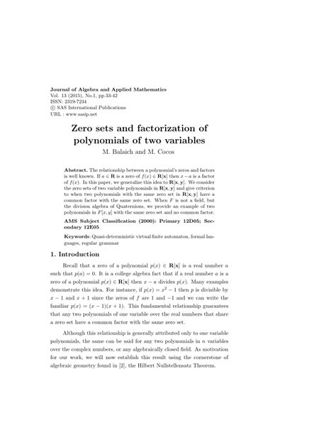 Pdf Zero Sets And Factorization Of Polynomials Of Two Variables