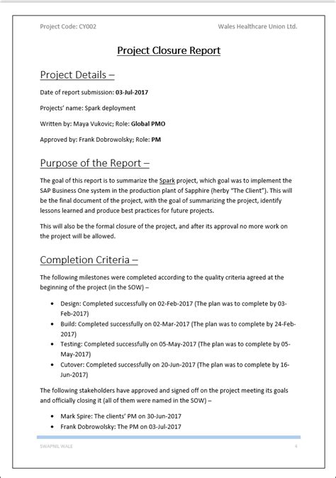 Project Closure Report Template Free Project Closeout Templates