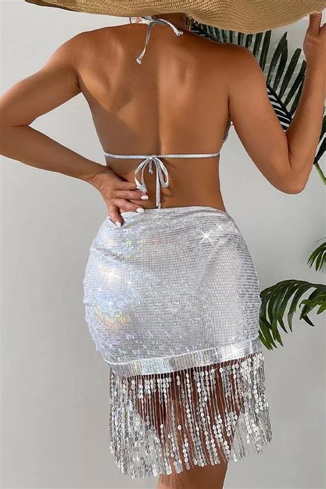 Sexy Silver Sparkly 3pc Bikini With Skirt Amiclubwear