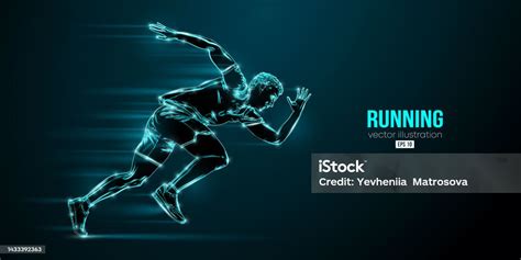 검은 배경에 달리기 선수의 추상적 인 실루엣 주자 남자는 스프린트 또는 마라톤을 달리고 있습니다 벡터 일러스트 레이 션 3차원