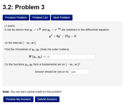 Solved 1 Point It Can Be Shown That Y1 E3x And Y2 E−9x Are