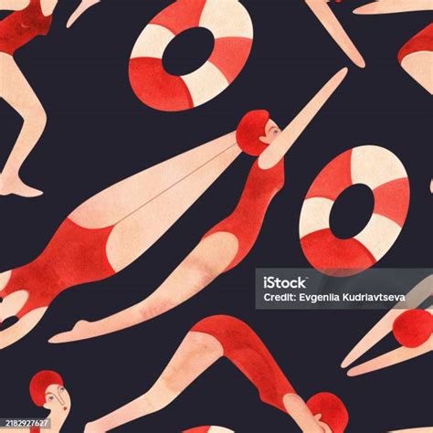 빨간 수영복과 빨간 모자를 쓴 운동선수가 수영을 하고 있다 완벽 한 수채화 패턴 손으로 그린 그림 검은색 배경 여자에 대한 스톡 벡터 아트 및 기타 이미지 Istock