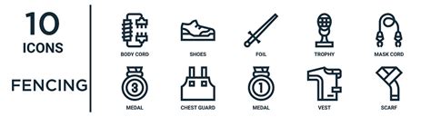 펜싱 윤곽선 아이콘 세트에는 얇은 선 바디 코드 호일 마스크 코드 가슴 가드 조끼 스카프 보고서 프리젠 테이션 다이어그램 웹