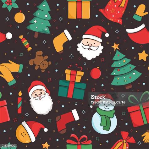 축제 크리스마스 벡터 완벽 한 패턴입니다 즐거운 새해의 아이콘 산타 나무 선물 눈사람 어두운 배경에 휴가 프로젝트 직물 스크랩북 포장지에 적합합니다 겨울에 대한 스톡 벡터