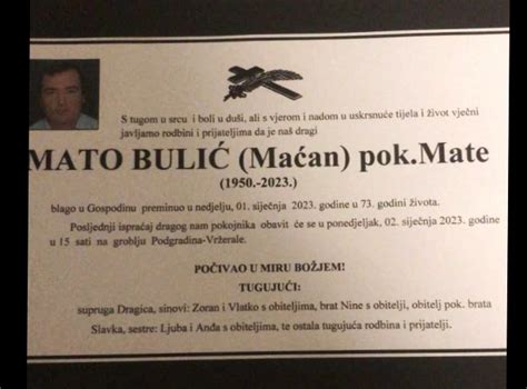 Umrli Mato Bulić Maćan 1950 2023 Selo Podgradina