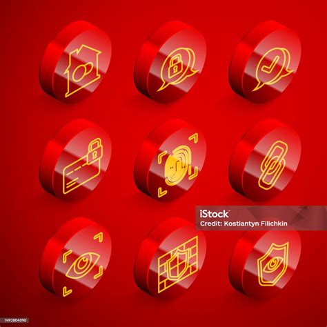 라인 스마트 홈 사이버 보안 말풍선 체크 표시 잠금 장치가 있는 신용 카드 지문 체인 링크 아이 스캔 및 방패 벽돌 벽 아이콘을 설정합니다 벡터 0명에 대한 스톡 벡터 아트