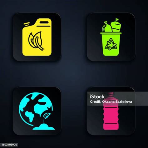 플라스틱 병 바이오 연료 용기 지구 지구 및 식물 및 재활용 기호가 있는 휴지통을 설정합니다 검은색 사각형 버튼입니다 벡터 0명에 대한 스톡 벡터 아트 및 기타 이미지