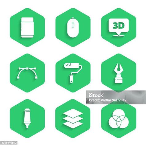 페인트 롤러 브러시 레이어 Rgb 및 Cmyk 색상 혼합 만년필 펜촉 마커 베지어 곡선 텍스트 3d 및 지우개 고무 아이콘이있는 스피치 버블을 설정합니다 벡터 3차원 형태에